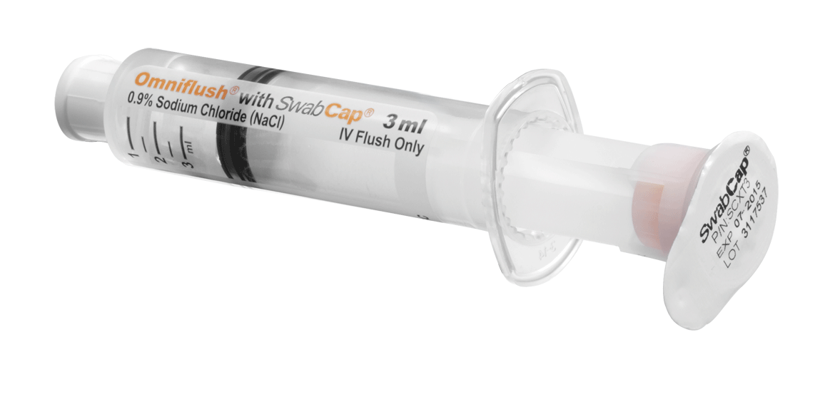 Proplachovací stříkačka Omniflush® s uzávěrem SwabCap® účinně chrání ...